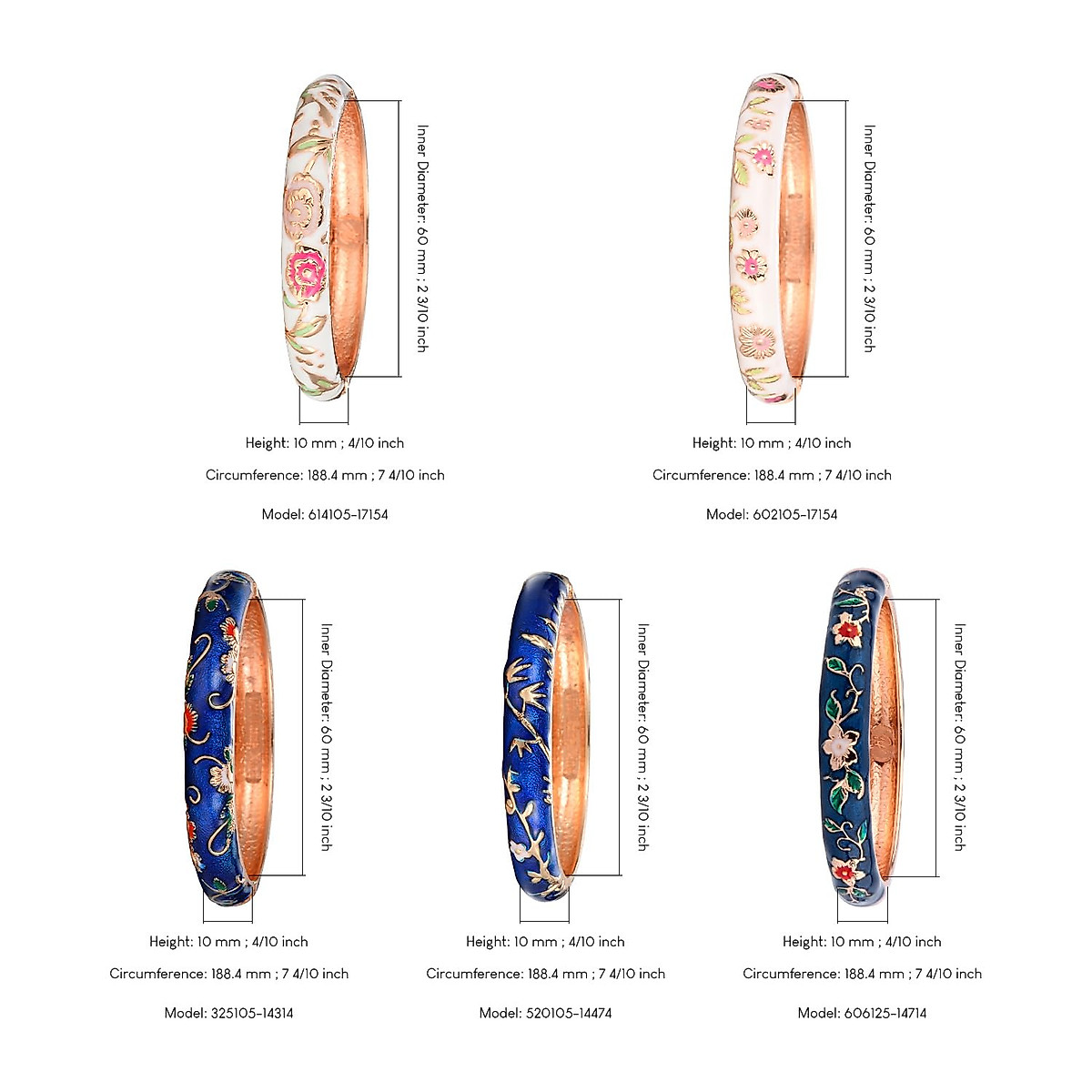 UJOY Bangles 5 Pcs Enamel Jewelry Set Rose Gold Flower Engraved Cloisonne Bracelets Pack in a Box 5PCS Blue White