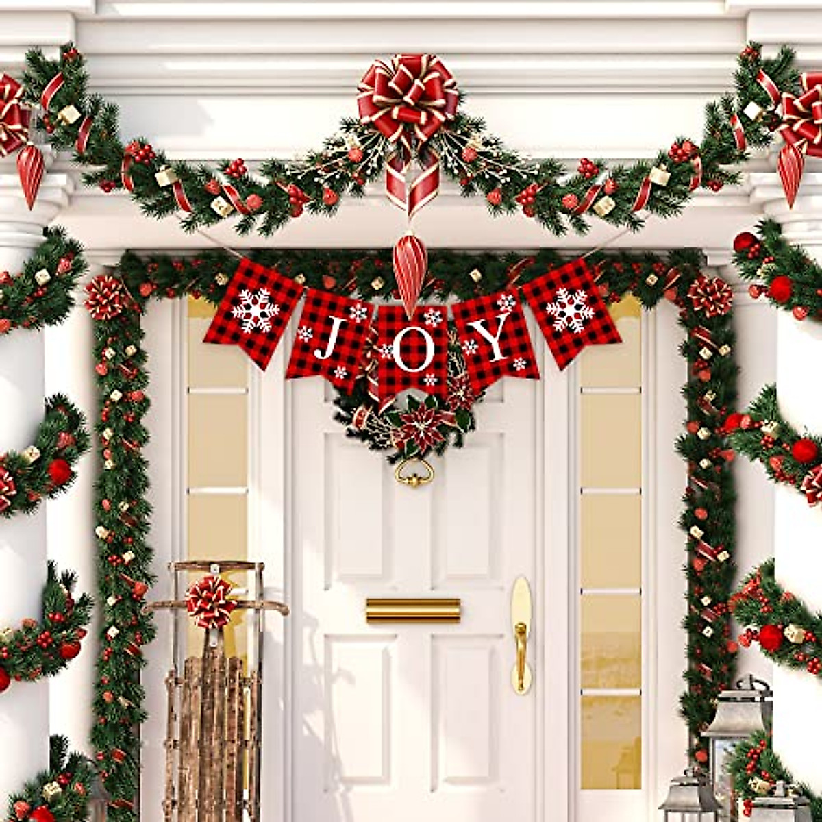 Plaid Christmas Joy Banner Cotton Burlap Christmas Rustic Bunting Banner for Christmas Hanging Decorations (Red)