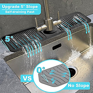Abulun 5°slope kitchen sink splash guard-silicone faucet mat handle drip catcher tray-faucet splash guard for kitchen sink-longer black rubber sink water splash guard behind faucet