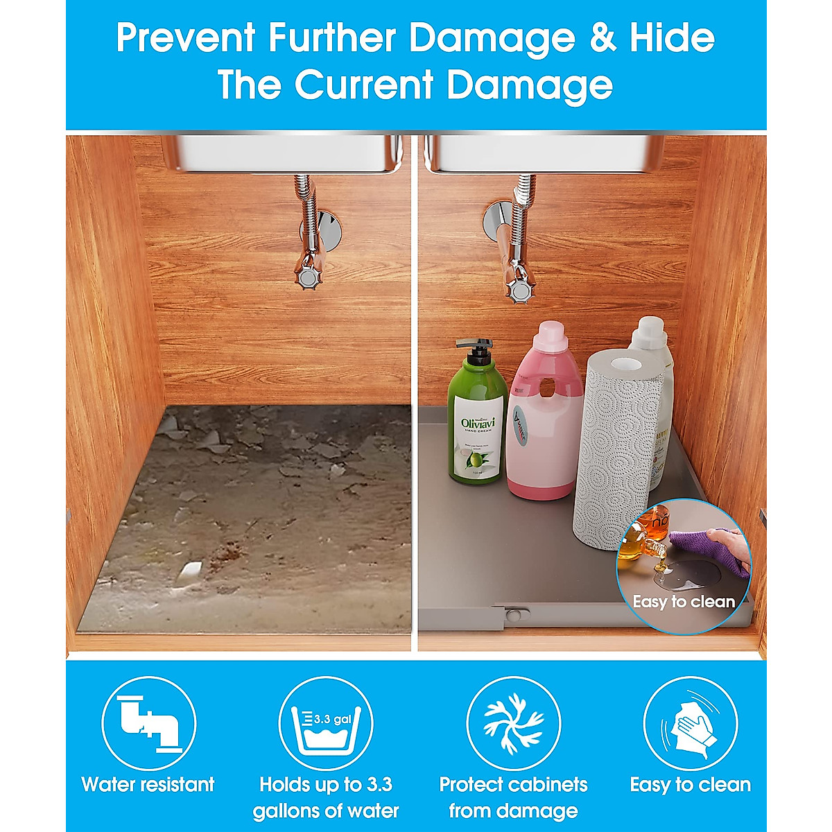 Kitchen Under Sink Mats Waterproof - 34" x 22" Non-Slip Silicone Bathroom Cabinet Drip Tray, Raised Edge Hold up to 3.3 Gallons Liquid Protector for Drips Leaks Spills Liner with Tub Stopper (Brown)