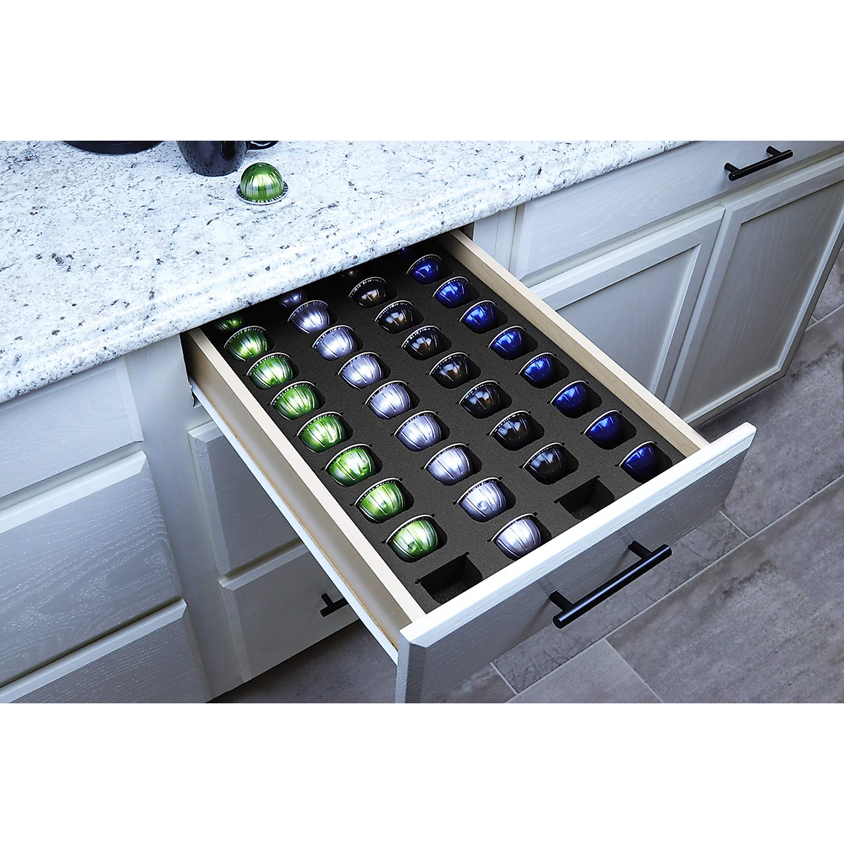 Polar Whale 2 Coffee Espresso Capsule Drawer Organizer Tray Inserts Compatible with Nespresso Vertuo VertuoLine Kitchen Home Office Waterproof Washable Black Foam 36 Compartment 12.6 X 17.9 Inches