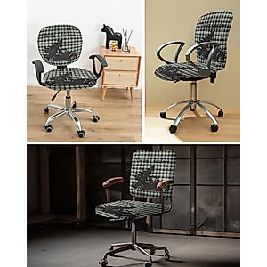 Christmas Truck Office Chair Cover Stretchable Computer Chair Seat Cover Backrest Slipcovers, Stretchable Rotating Desk Chair Seat Cushion Split Protectors Xmas Tree Snowflake Blackish Green Plaid