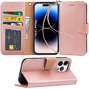 Arae Compatible with iPhone 14 Pro Case Wallet Flip Cover with Card Holder and Wrist Strap for iPhone 14 Pro 6.1 inch-Rose Gold
