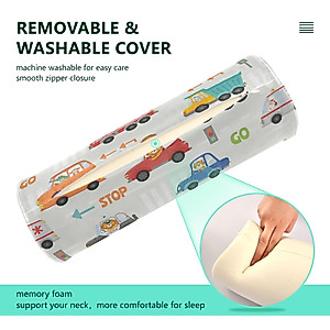 GOODOLD Kid Cartoon Cars Neck Roll Pillow Ultra Soft Bolster Round Pillow with Memory Foam & Removable Cover for Knees and Neck Support During Sleep