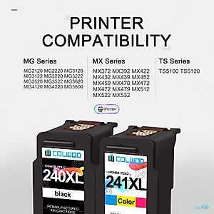 COLWOD Remanufactured Ink cartridges 240 and 241 Replacement for Canon PG-240XL CL-241XL 240 XL 241 XL Used with Canon PIXMA MG3620 TS5120 MX472 MX452 MG3220 MG3522 MG3520 Printer (1 BK+1 Tri-Color)