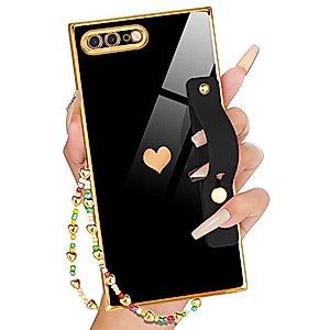 Petitian for iPhone 8 Plus/7 Plus Square Case with Loopy Stand/Strap, Luxury Cute Women Girls Heart Electroplated Designer Squared Edge Phone Cases for 7/8 Plus, Black