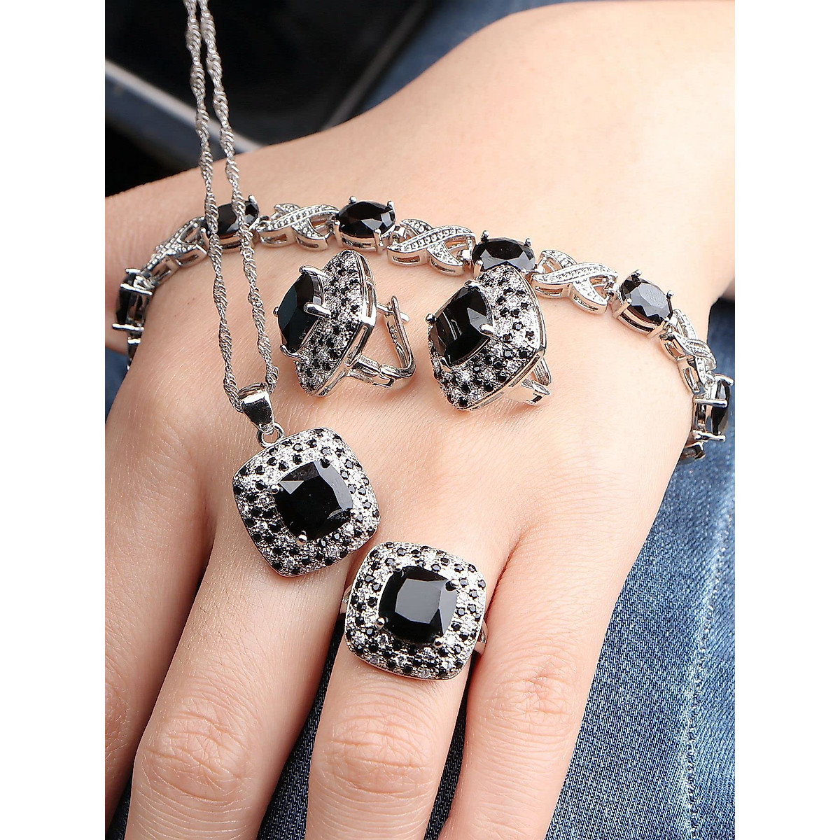 Jewelry Set for Women,Cubic Zirconia Tennis Necklace Ring Clips Earring Bracelet set Wedding Birthday Anniversary Engagement Gift For Wife Girlfriend Friend Bridal (Black)