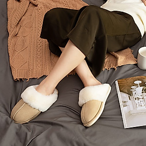 Parlovable Women's Slippers Fuzzy Warm Comfy Faux Fur Slip-on Fluffy Bedroom House Shoes Memory Foam Suede Cozy Plush Breathable Anti-Slip Indoor & Outdoor Winter Beige 7-8