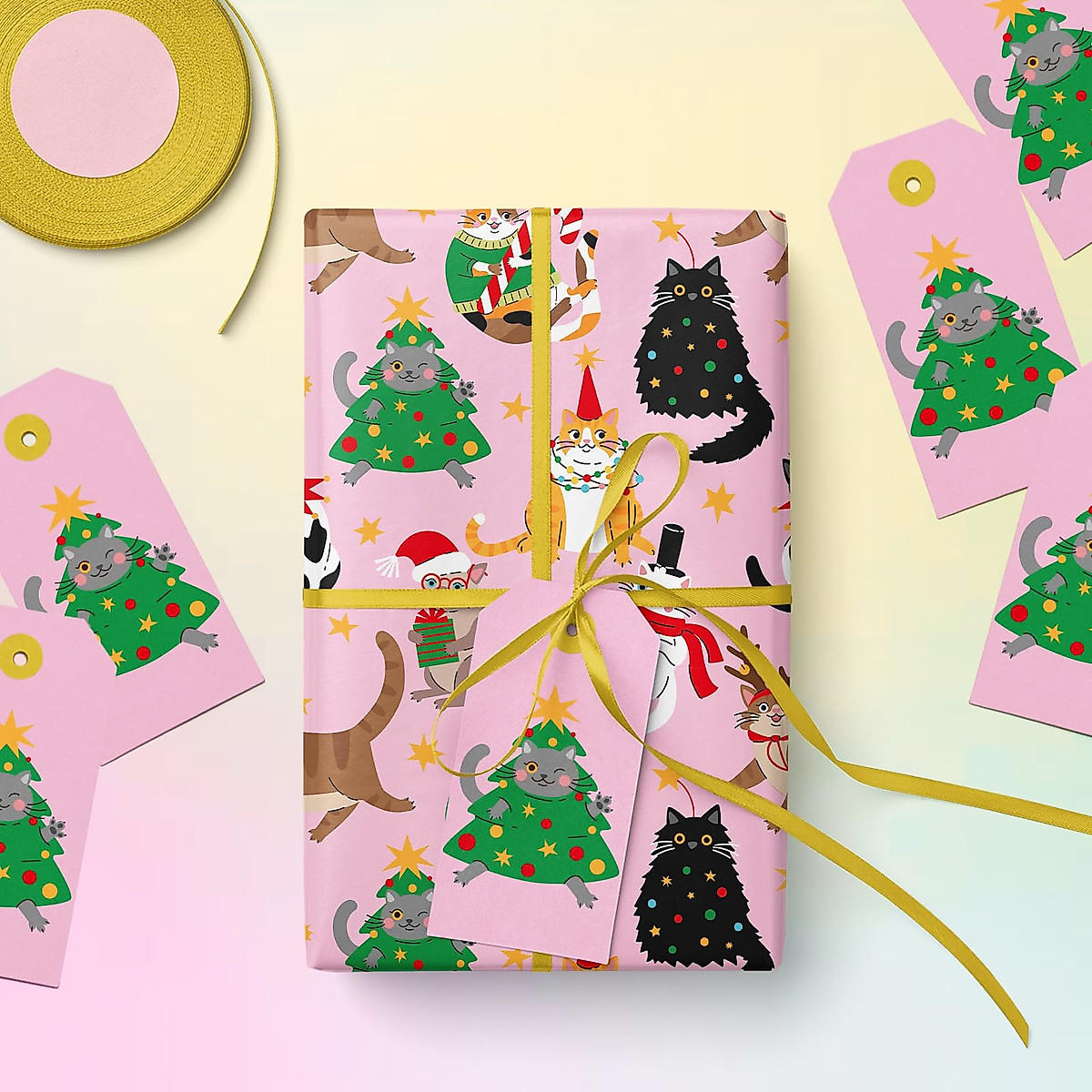 WRAPAHOLIC Christmas Wrapping Paper - Mini Roll - 17 Inch x 33 Feet - Adorable Christmas Cat Design for Christmas, Holiday, Party Celebration