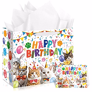 Cat Birthday Gift Bag Cat Birthday Decorations Pet Birthday Supplies with Cat Wrapping Paper and Greeting Card Meow Birthday Party Decorations for Kids Baby Shower Birthday Christmas Decorations Party Supplies