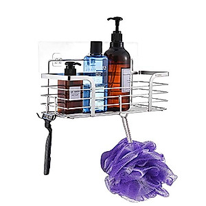 N+A Shower Caddy Kitchen Caddies Shelves Basket Bathroom Adhesive Storage Shelf No Drilling SUS304 Stainless Steel Toilet Shell with 3 Moveable Hooks for Hanging Razor Sponge