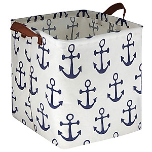 HIYAGON Square Storage Bins,Storage baskets,Canvas Fabric Storage Boxes,Foldable Nursery Basket for Clothes,Books,Shelves Baskets,Gift Baskets,Home Organization,Room Decor(Blue anchors)
