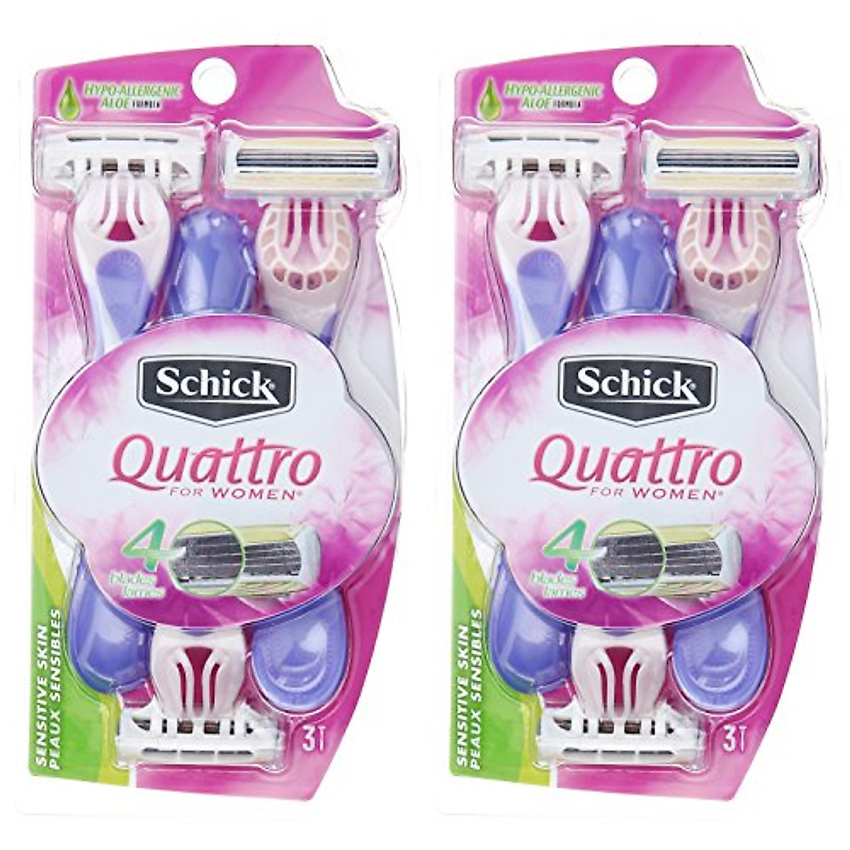 Schick Quattro Womens Disposable Razors for Sensitive Skin, 3 Count, Pack of 2