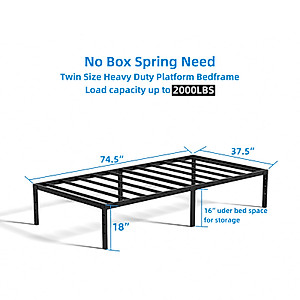 Meberam 18 Inch Twin Size Metal Platform Bed Frame Heavy Duty Mattress Foundation Support No Box Spring Need, Black