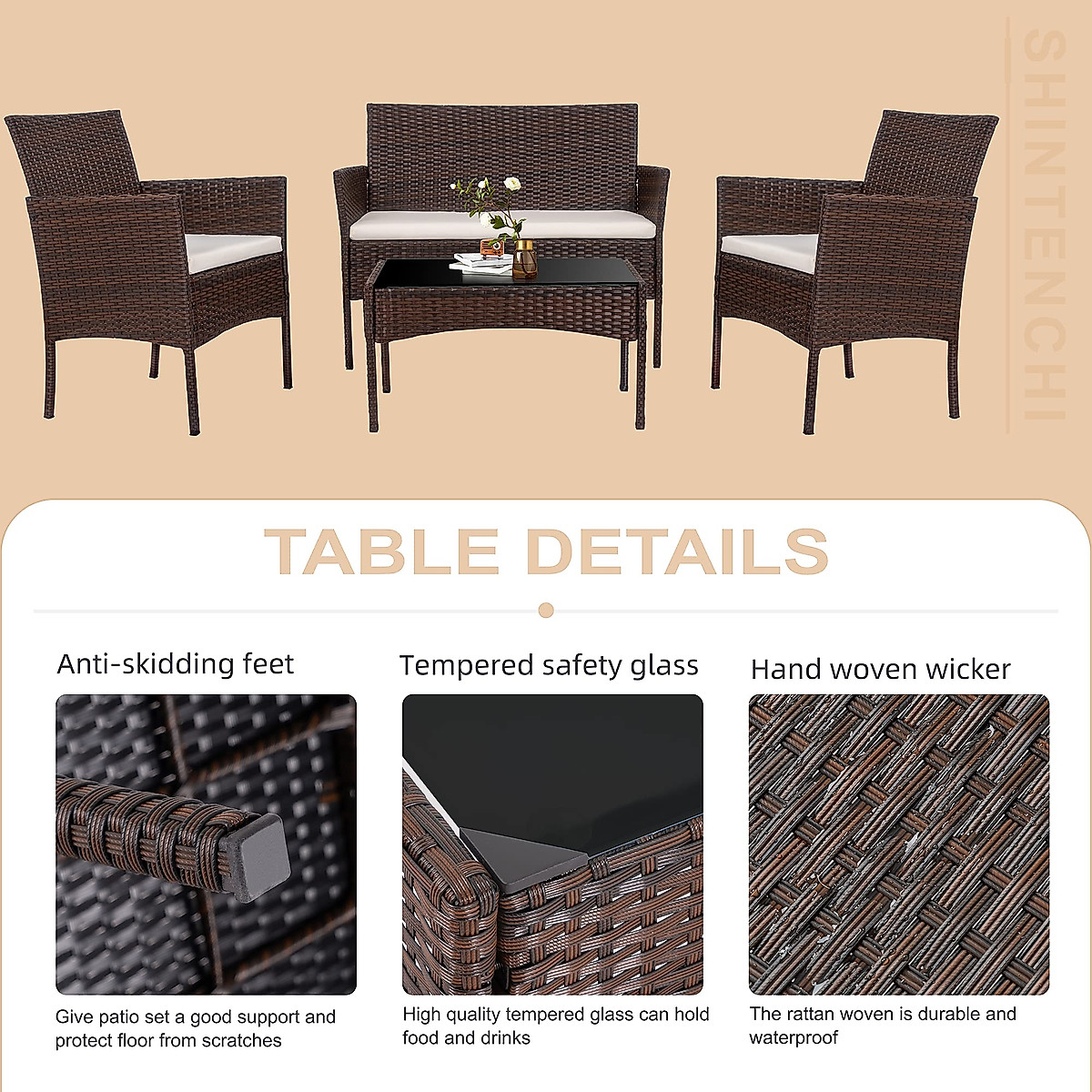 Shintenchi 4 Piece Outdoor Patio Furniture Sets, Small Wicker Patio Conversation Furniture Rattan Chair Set with Tempered Glass Coffee Table For Backyard Porch Garden Poolside Balcony, Brown