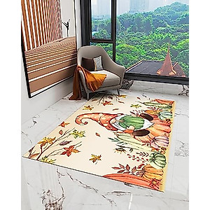 Indoor Area Rug, Fall Thanksgiving Non Slip Carpet Pad Bathroom Mat, Orange Ombre Gnomes Pumpkin Maple Leaf Kitchen Runner Area Rug for Bedroom/Living Room/Kids Room 5'x7'