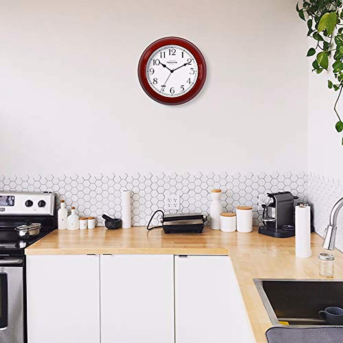 PresenTime & Co Chic Home Collection 10" Molly Clock, Silent No Ticking, Red Color