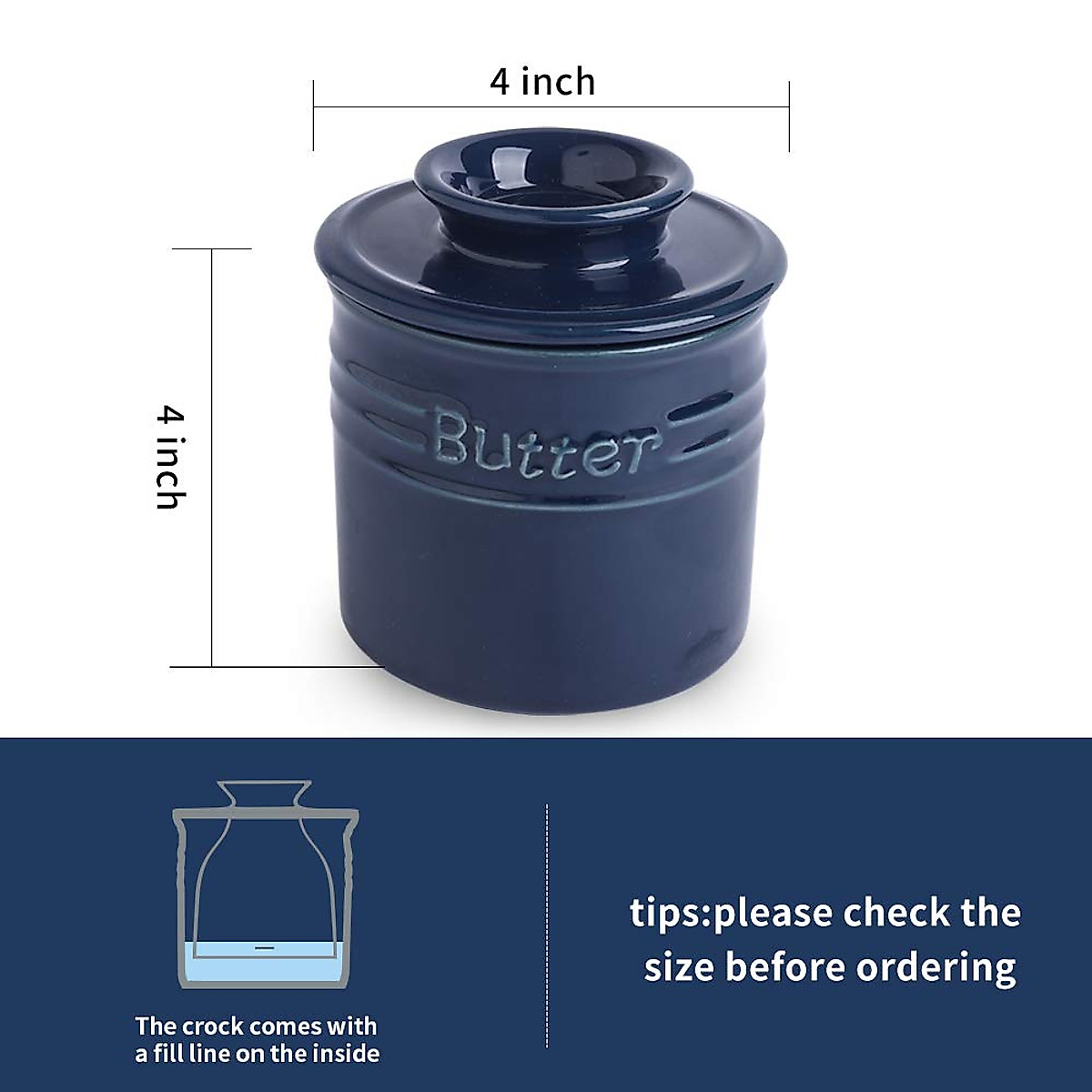 KOOV Porcelain Butter Crock, French Butter Dish, Ceramic Butter Keeper for Counter, Big Capacity, Elegant Blue Collection (Aegean)