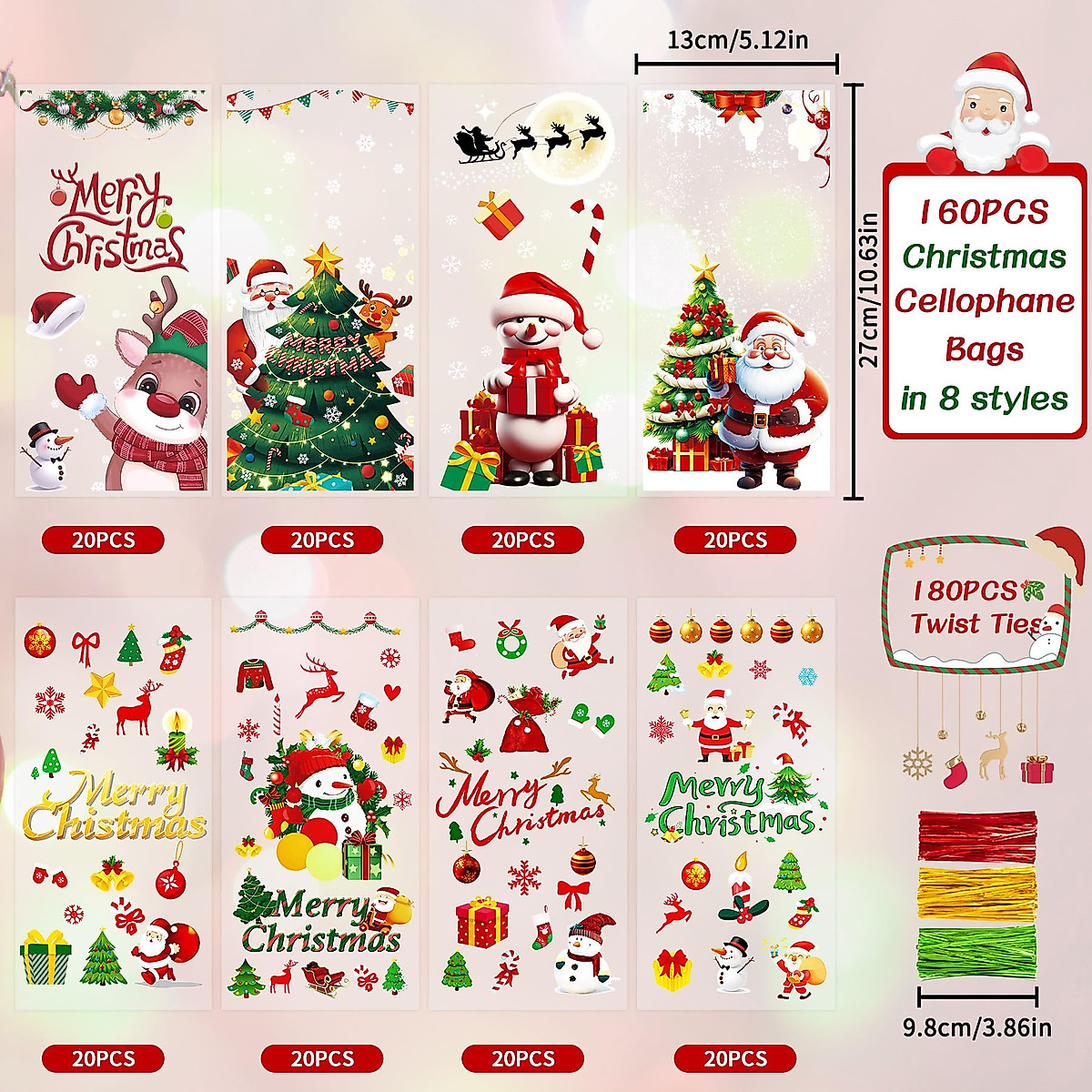 Toptime Christmas Treat Bags, 160PCS Christmas Cellophane Candy Bags with Ties, Clear Christmas Goody Bags with Santa Claus Xmas Tree Snowman Reindeer, Cello Cookie Bags for Holiday Party Favor