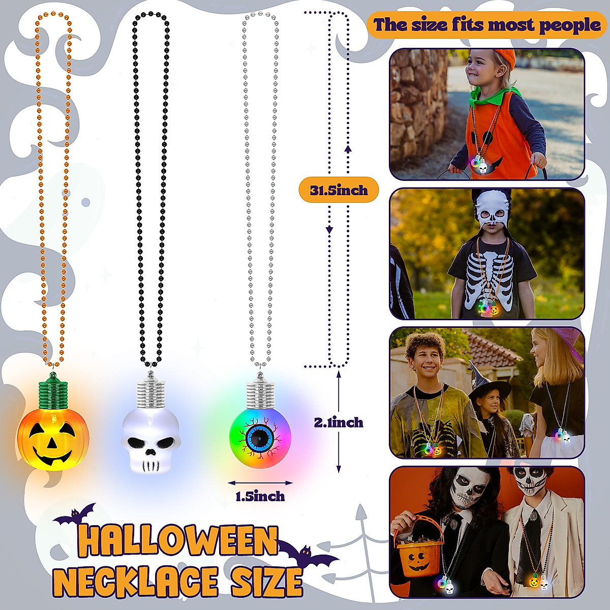3PCS Halloween Necklace Party Favors, Halloween Light up Skulls Pumpkins Necklace, Glow in Dark Necklace with 3D Blub Pendant, Halloween Festival Accessories for Trick or Treat Party Supplies Decor