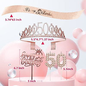 50th Birthday Decorations Women, Fusisi 50th Birthday Sash, Crown/Tiara, 50th Candles and Happy Birthday Cake Toppers - 50th Birthday Gifts for Women, Rose Gold
