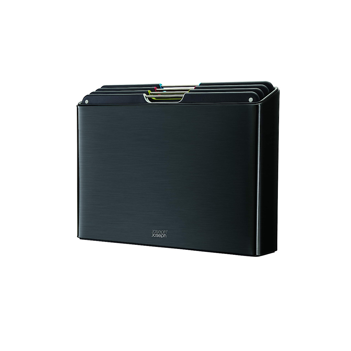 Joseph Joseph Folio 4-Piece Color coded Cutting Board Set, Steel Slimline Case for Organized Kitchen Storage, Large, Carbon Black