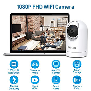 Peteme Video Baby Monitor with Camera and Audio, Baby Monitor 1080P Indoor WiFi Security Camera with Motion Detection Night Vision 2-Way Audio,Monitor Baby/Elder/Pet