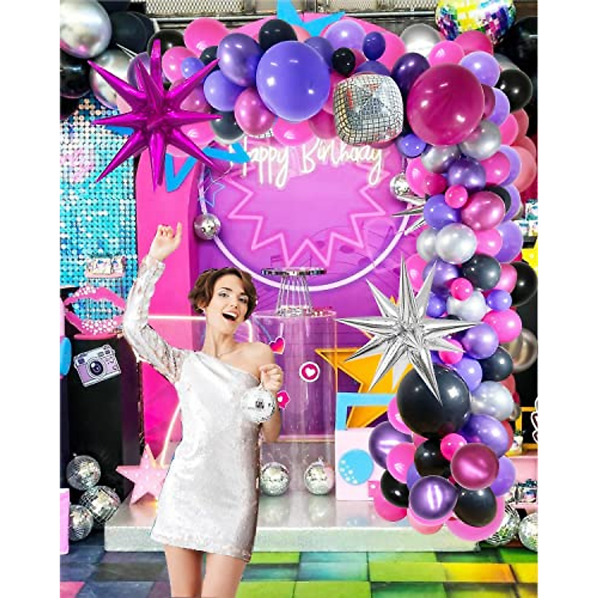Women Birthday Disco Party Decorations, Girls Birthday Party Balloons Black Purple Rose Red Metallic Silver Explode Star Mylar Silver Disco Ball Balloon for Females Bachelorette Hip Pop Party Decor