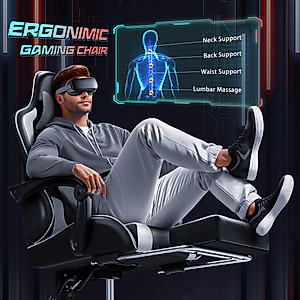 JUMMICO Gaming Chair Ergonomic Computer Chair with Footrest and Massage Lumbar Support, Height Adjustable Video Gaming Chair with 360° Swivel Seat and Headrest (White)
