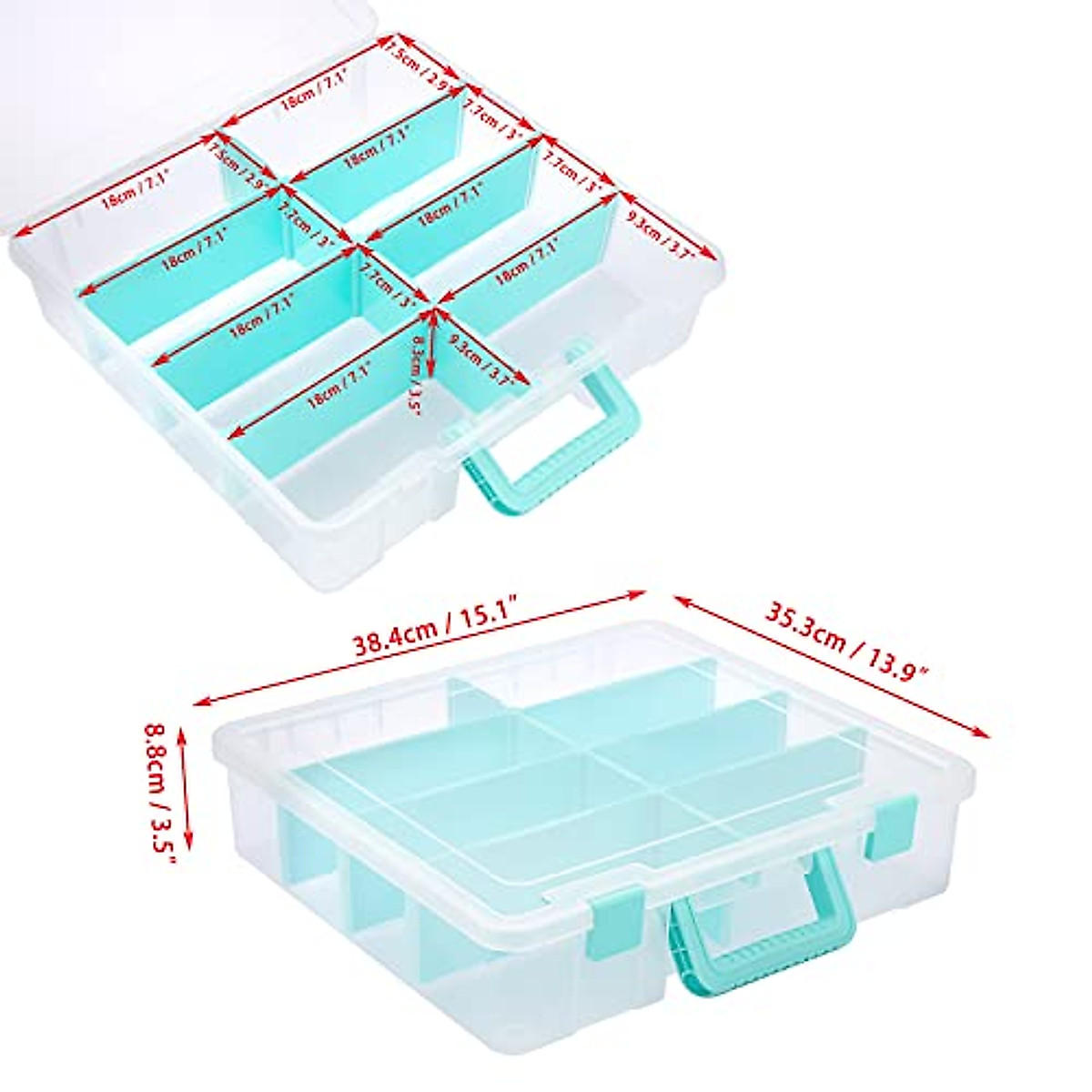 BTSKY Clear Plastic Dividing Storage Box with 8 Compartments Adjustable Storage Bin with Lid Portable Craft Storage Container Multipurpose Sewing Box Art Supply Organizer, 15.1x13.9x3.5 Inches