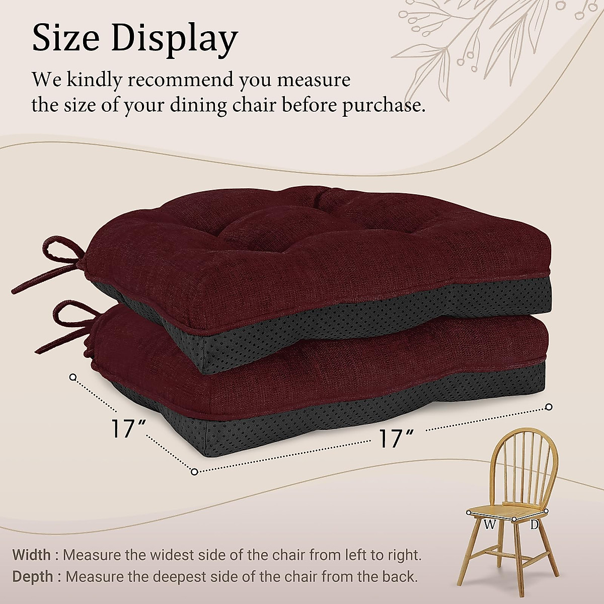 cozyide Chair Cushions for Dining Chairs, 17" x 17" Non-Slip Kitchen Chair Pads with Adjustable Ties, Memory Foam Indoor Chair Cushions for Dining Room, Burgundy (Pack of 4)