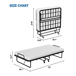 Ferlizer Folding Bed with Mattress for Adults, [Twin] Rollaway Bed with Mattress - 4" Memory Foam & Sturdy Metal Structure - 75" x 38", Black