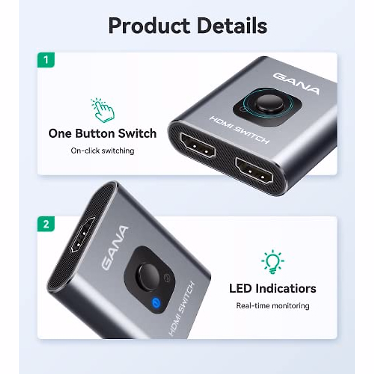 HDMI Switch 4k@60hz Splitter, GANA Aluminum Bidirectional HDMI Switcher 2 in 1 Out, Manual HDMI Hub Supports HD Compatible with Xbox PS5/4/3 Blu-Ray Player Fire Stick Roku