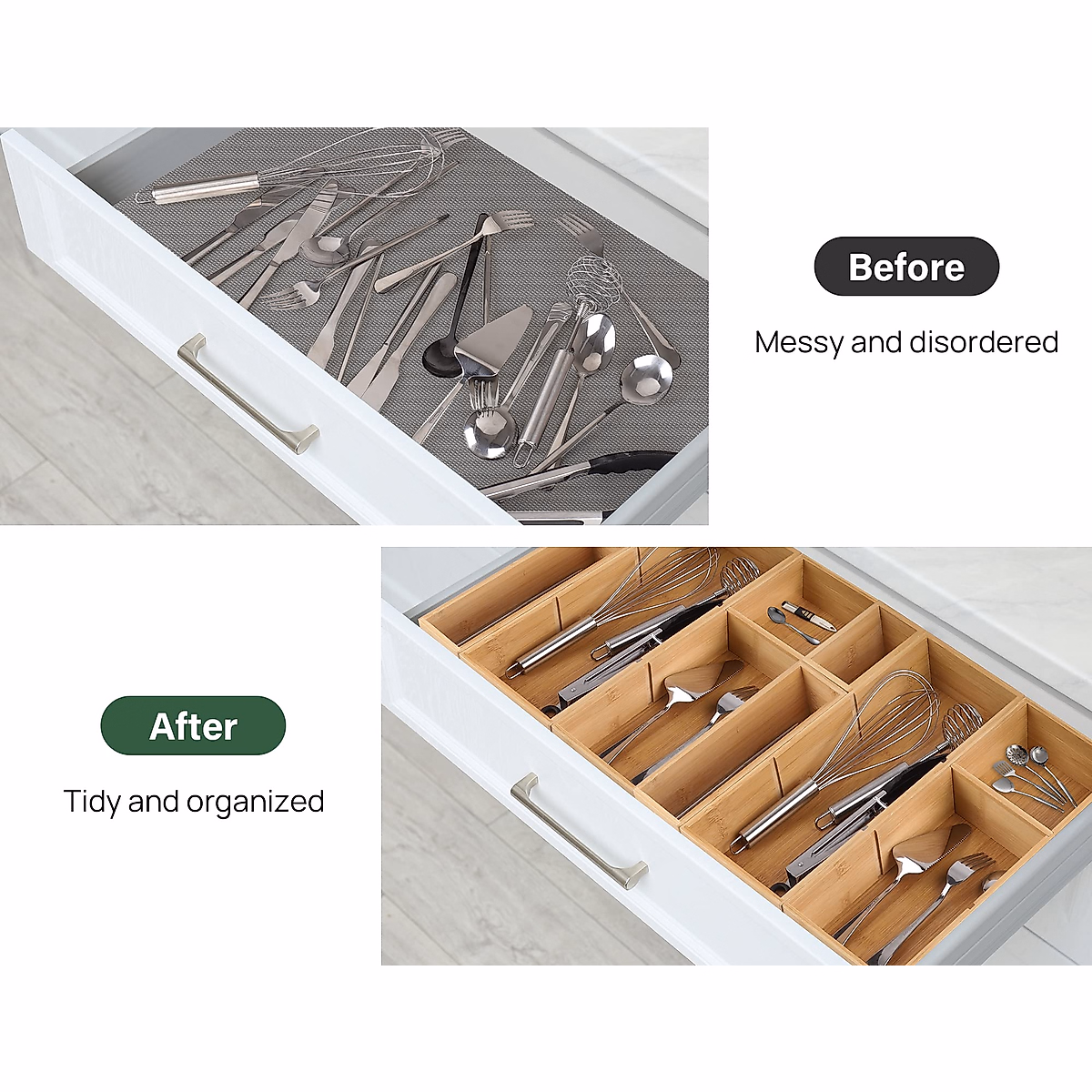 Kootek 6 Pcs Bamboo Drawer Organizer Utensil Tray Kitchen Storage Box 3-Size Versatile Dividers Cutlery Holders Bins Containers for Flatware Kitchen Utensils