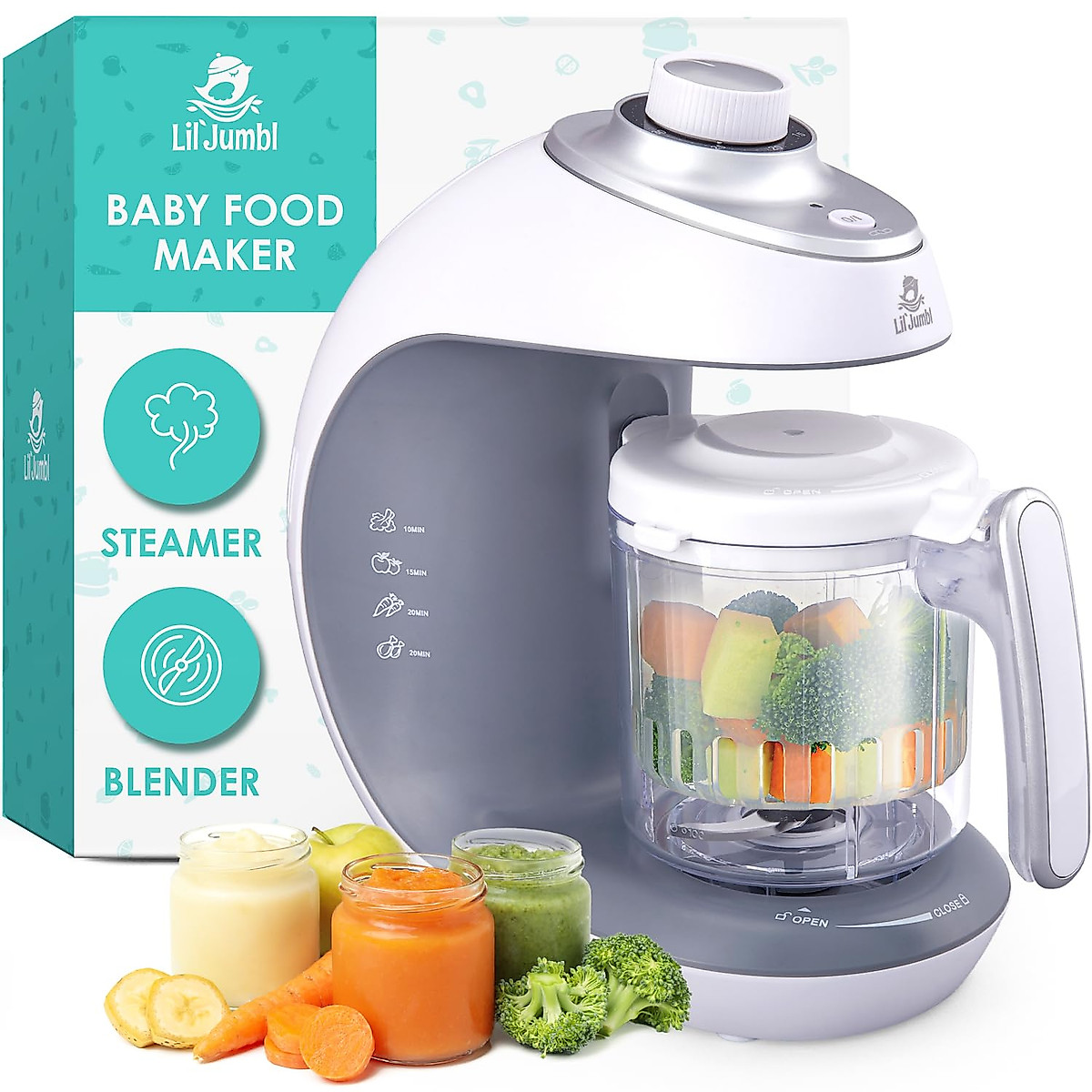 Lil’ Jumbl Baby Food Maker - 2-in-1 Steamer & Puree Blender with Timer, One-Press Processor & Auto Shutoff - Cook & Steam Fruits, Veggies & Other Healthy Homemade Infant & Toddler Meals in Minutes