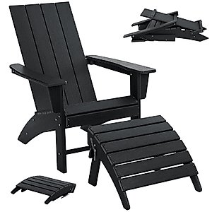 Folding Adirondack Chair with Ottoman Weather Resistant Foldable Fire Pit Chairs with Footrest HDPE Outdoor Adirondack Chair for Patio Front Porch Pool Garden Deck Fire Pit Outside, Black
