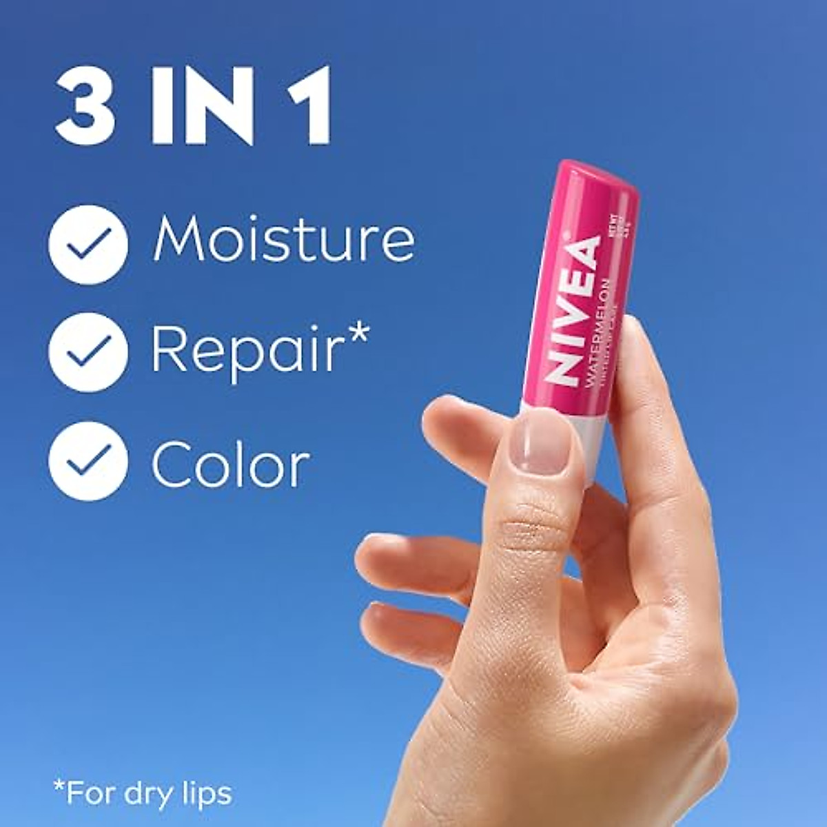 NIVEA Watermelon Lip Care, Tinted Lip Balm Pack with Shea Butter, Nourishing Oils and Vitamin C & E, 3-in-1 Moisture, Repair and Color, 0.17 Oz Stick, Pack of 4