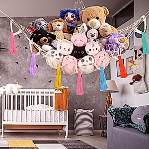 HONGTEYA Stuffed Animal Net or Hammock Large Plush Toy Net Hammock Holder for Corner Stuffed Animal Storage Ideas Hanging Plushie Toy Organizers Net with Boho Macrame Tassels 57inch