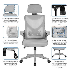 Yaheetech Ergonomic Mesh Office Chair, High Back Desk Chair with with flip-up Armrests, Adjustable Padded Headrest Computer Chair with Lumbar Support for Home Oiffce Game Room, Full Gray