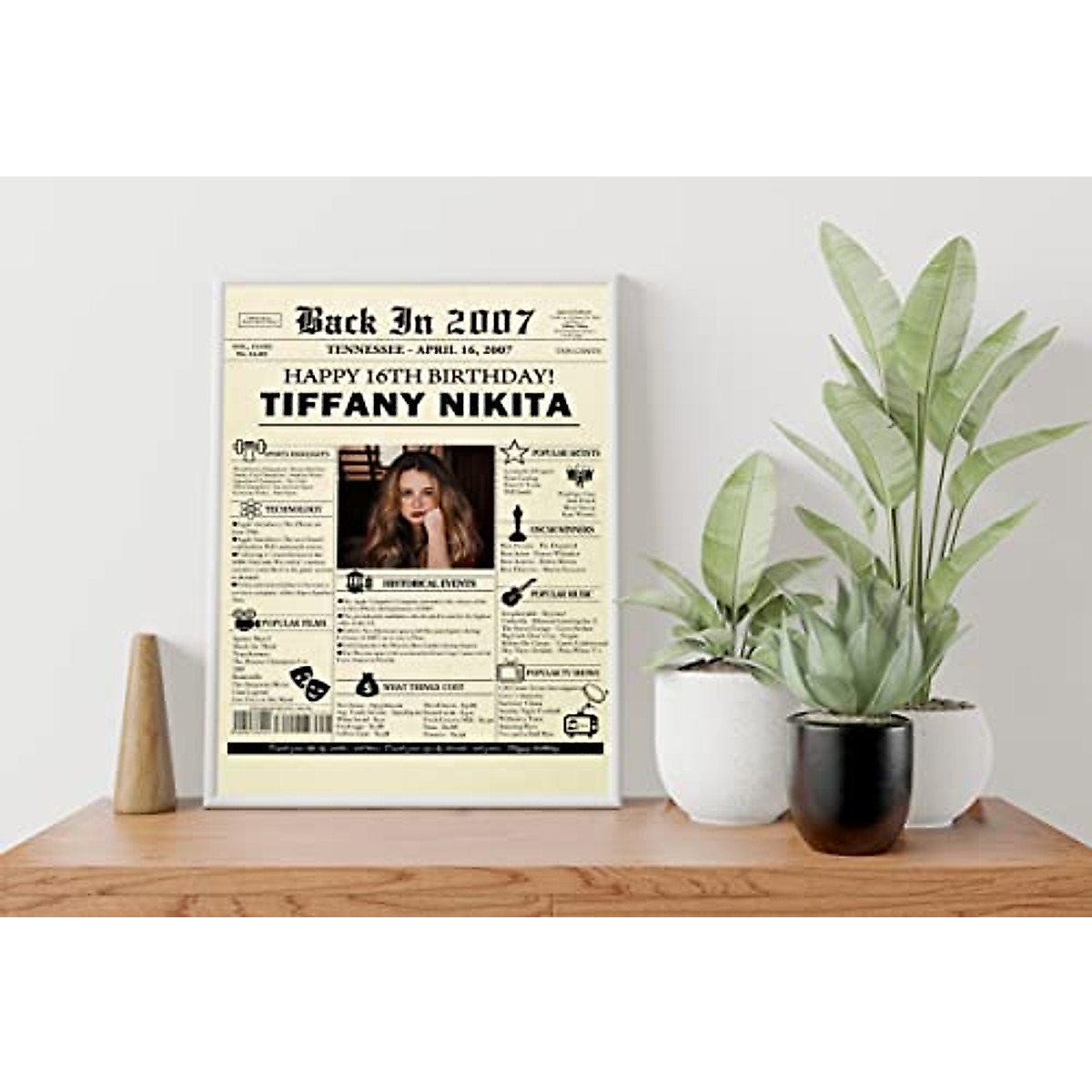 16th Birthday Decorations For Women, Men, Him, Her - Custom Poster Party Decor Gifts With Personalized Birth Date, Photo - Back in Newspaper