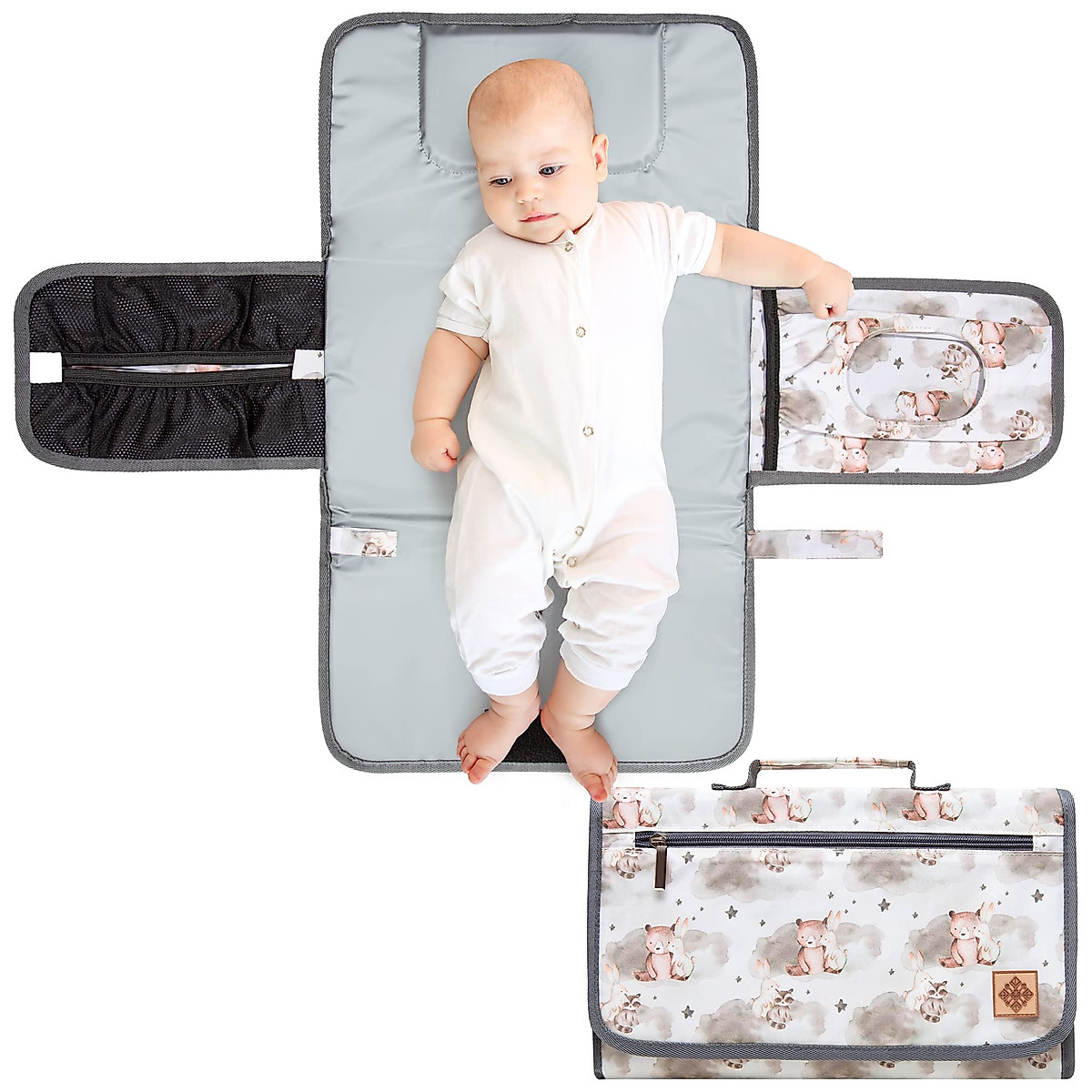 Portable Diaper Changing Pad by Candid Goods, Baby Changing Pad, Diaper Bag or Changing Table Pad with Smart Wipes Pocket, Lightweight & Waterproof Travel Changing Mat for Newborns (Cubs & Clouds)