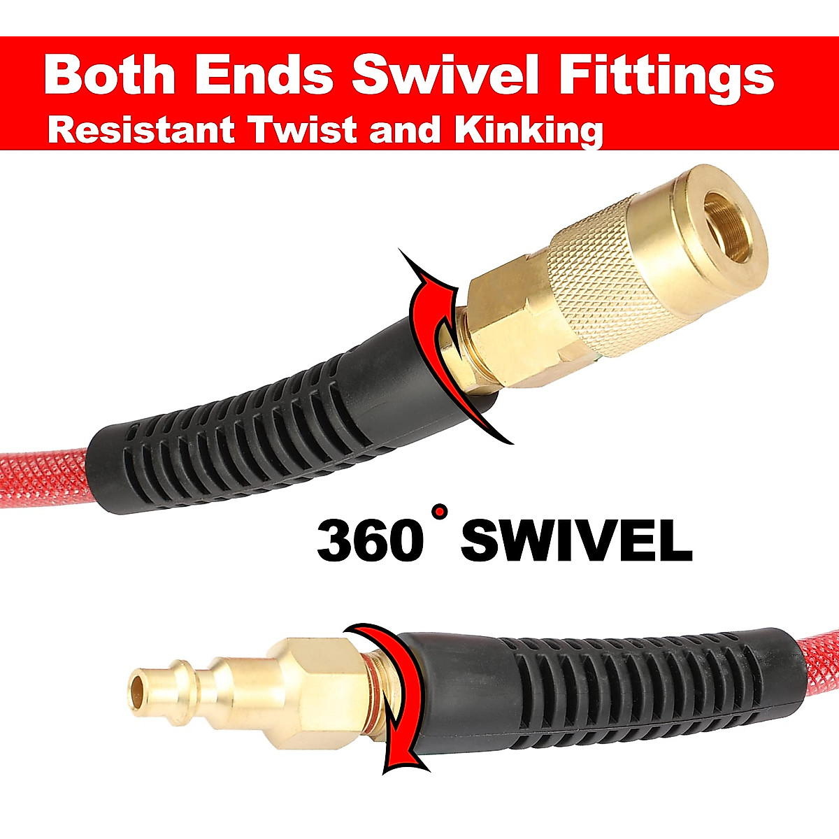 YOTOO Reinforced Polyurethane Air Hose 1/4" Inner Diameter by 100' Long, Flexible, Heavy Duty Air Compressor Hose with Bend Restrictor, 1/4" Swivel Industrial Quick Coupler and Plug, Red