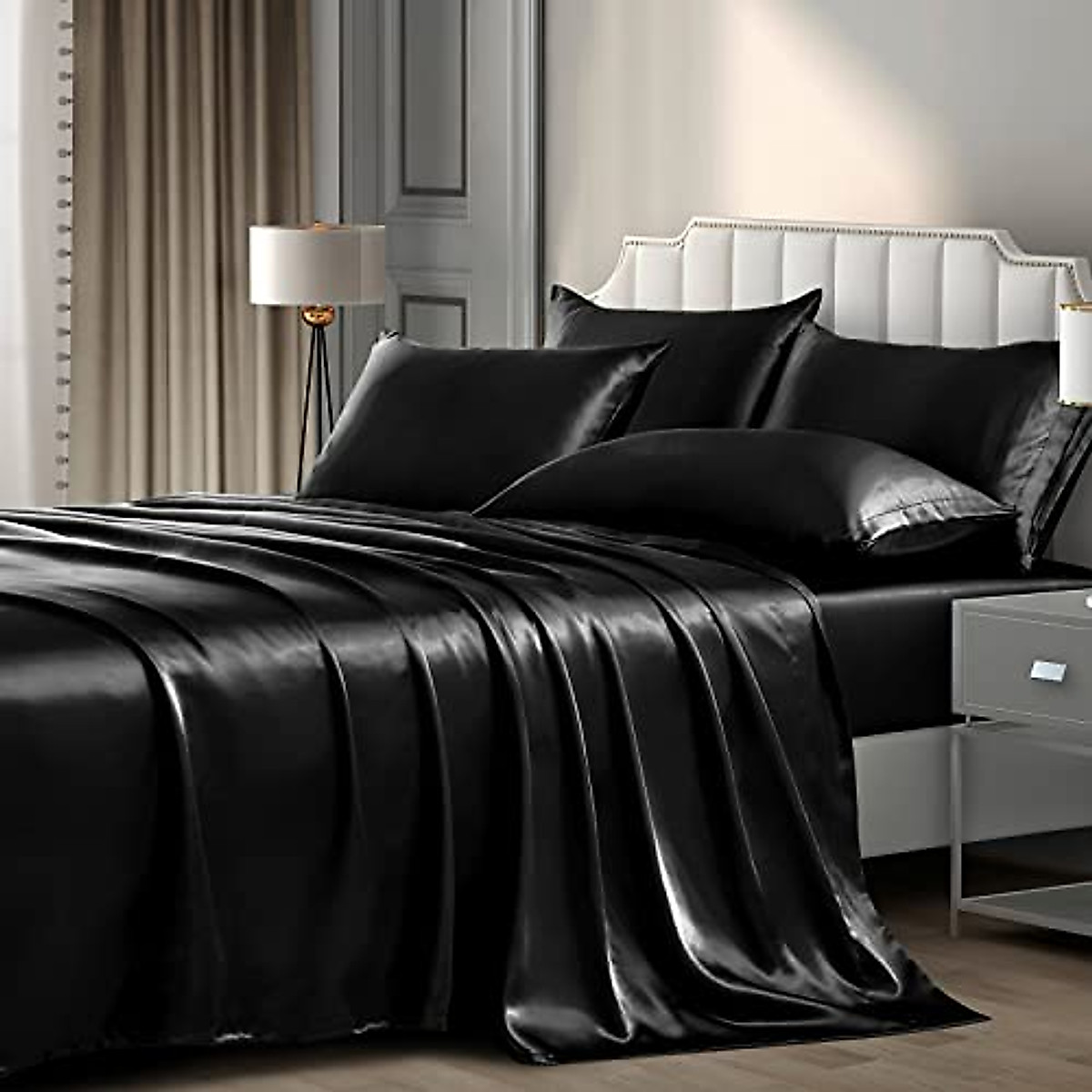 P Pothuiny 6-Piece Queen Satin Sheets Luxury Silky Black Satin Bedding Sheet Set, 1 Deep Pocket Fitted Sheet + 1 Flat Sheet + 4 Pillow Cases