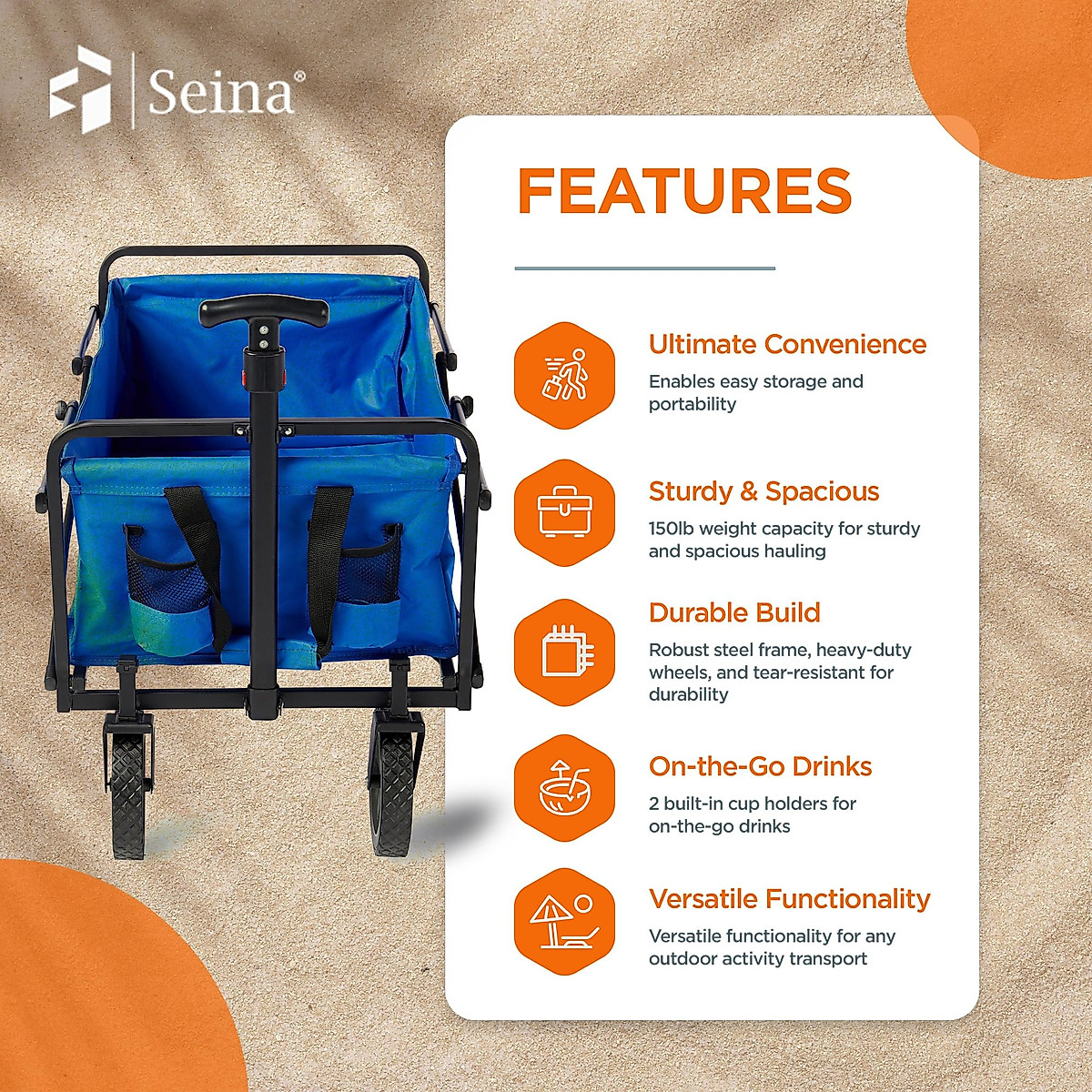 Seina Heavy Duty Steel Compact Collapsible Folding Outdoor Portable Utility Cart Wagon w/All Terrain Rubber Wheels and 150 Pound Capacity, Blue