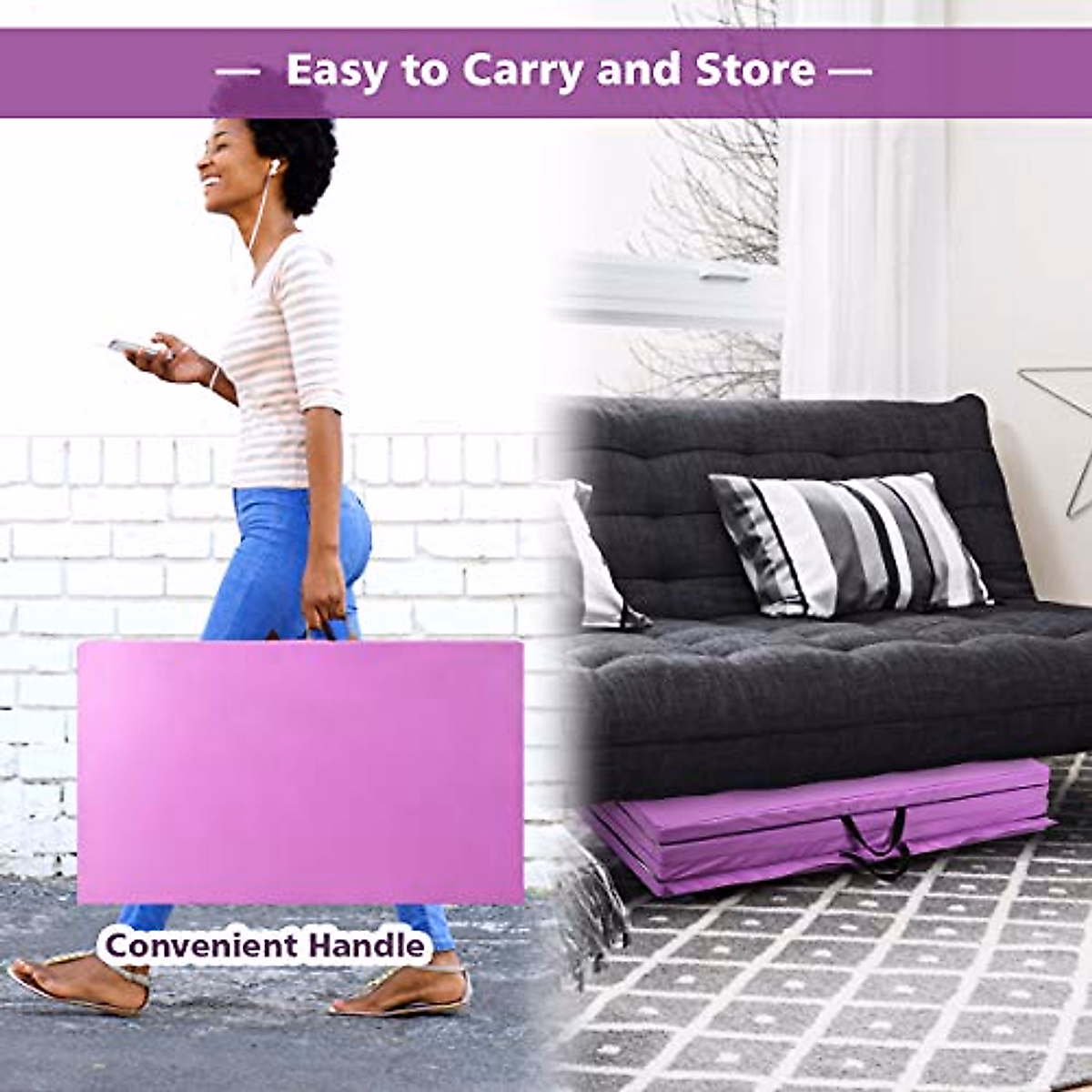 Nightcore 4'x10'x2 Thick Folding Gymnastics Mat, Gym Exercise Pad with Carrying Handles, PU Leather Tumbling Mats, Lightweight Gymnastics Panel Mat for MMA, Aerobics, Stretching, Home Yoga (Purple)