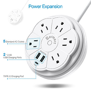 Retractable Power Strip, 5 Outlet Flat Plug Strip with Smart USB Ports and Type-C Port, 900J Surge Protector, 125V/13A, 3.3ft Retractable Extension Cord, Portable & Neat for Travel/Home/Office, White