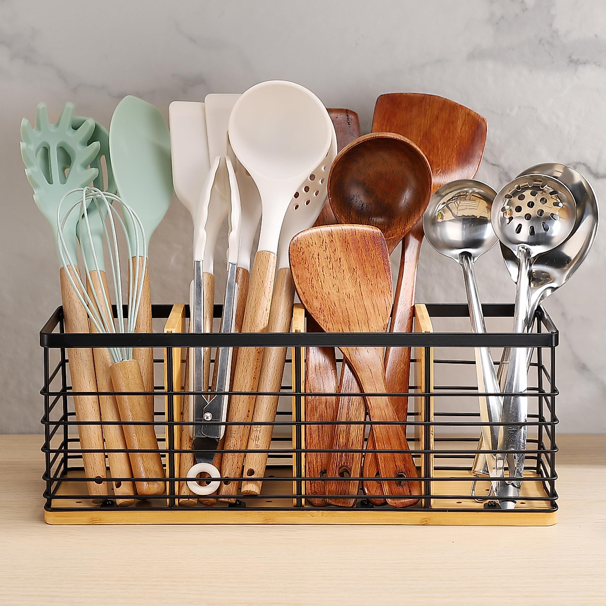 ALOCEO Kitchen Utensil Holder for Countertop - Large Matte Black Utensil Holder with Wooden Base - Multifunctional Farmhouse Cooking Utensil Organizer, Rustic Cooking Utensil with 4 Compartments