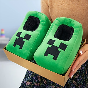 Minecraft Boys Slippers, Cozy Indoor House Shoes - Gamer Gifts for Boys (Green/Black, 2.5/3.5 US)