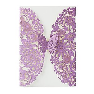 Hosmsua 5.1x7.3'' 50PCS Purple Glitter Quinceanera Invitation Kit Laser Cut Flora Butterfly Invitation Cards Pocket with Envelopes for Bridal Shower Sweet 16 Wedding Invitation (Purple Glitter)