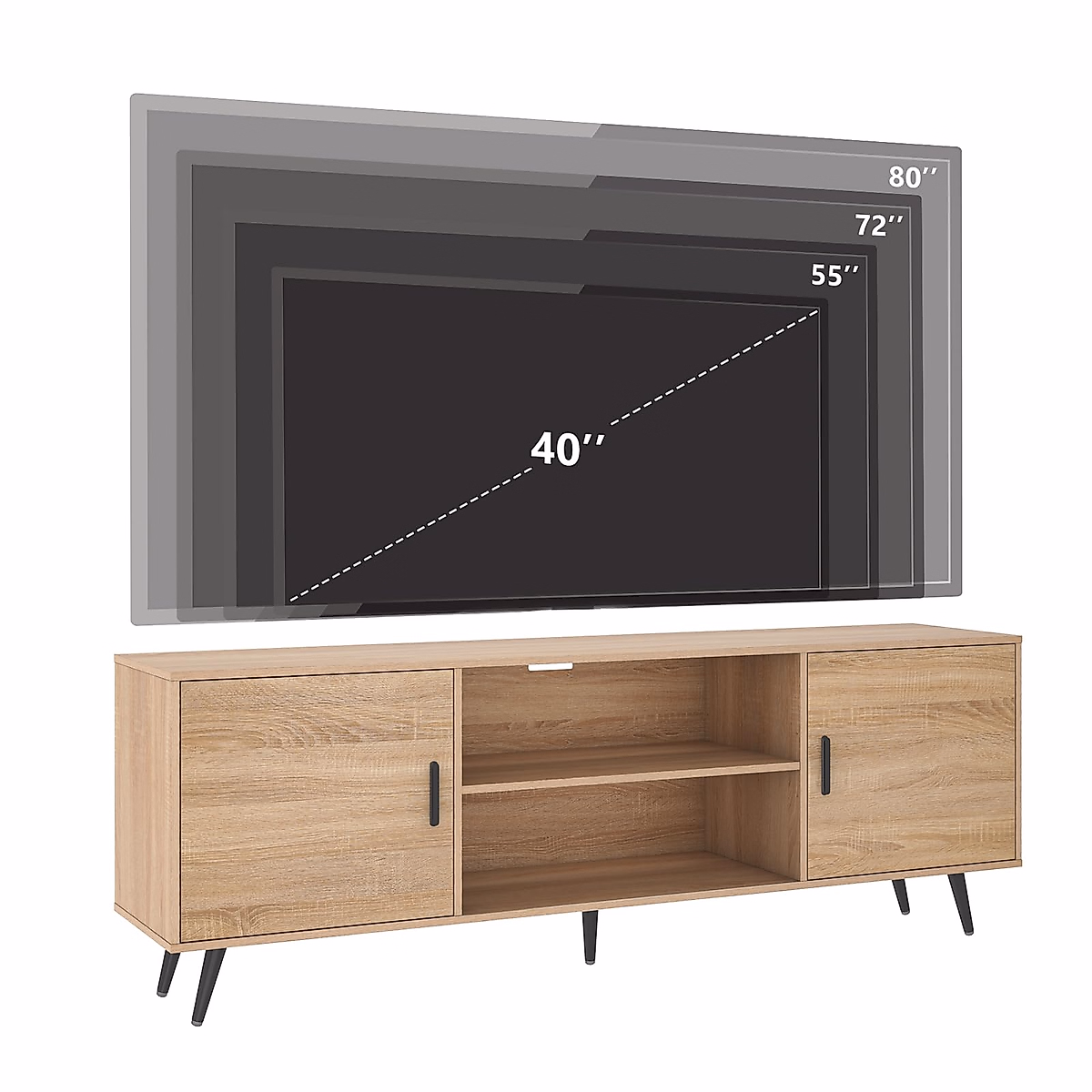 AUXSOUL Mid Century Modern TV Stand - 70" for 75" TV, Wood with Storage, Entertainment Center for Living Room & Bedroom, Media Console, Oak